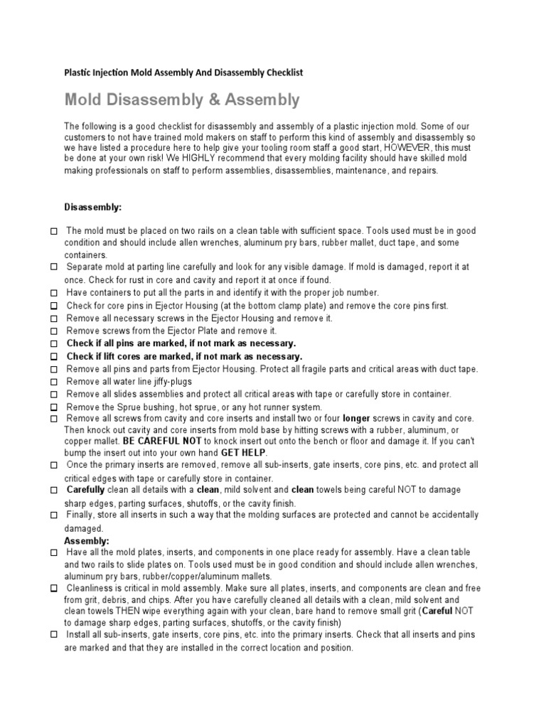 Plastic Injection Mold Assembly and Disassembly Checklist | PDF ...