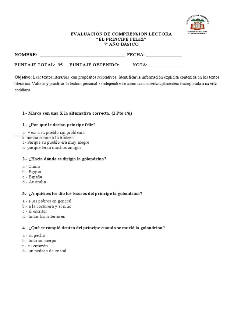 Evaluación Lectura "Príncipe Feliz" | PDF