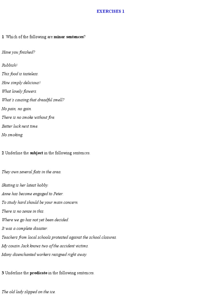 1 Which of The Following Are Minor Sentences?: Exercises 1 | PDF