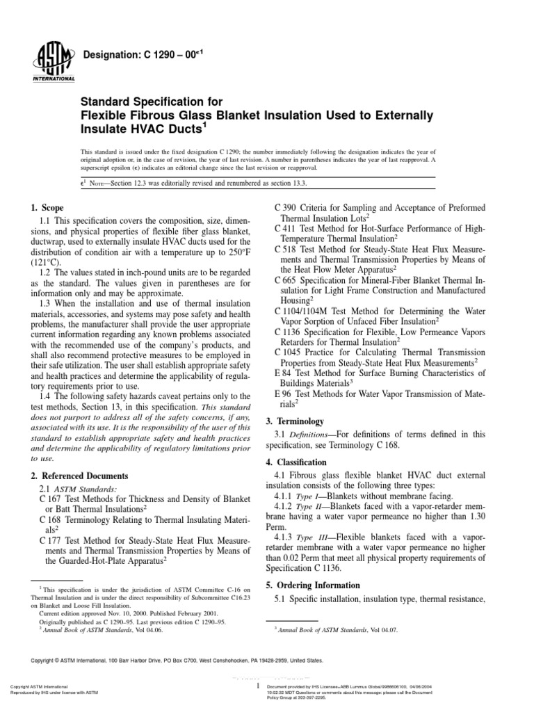 Astm C 1290 - Fibrous Glass Balnket For Ducts | PDF | Building ...
