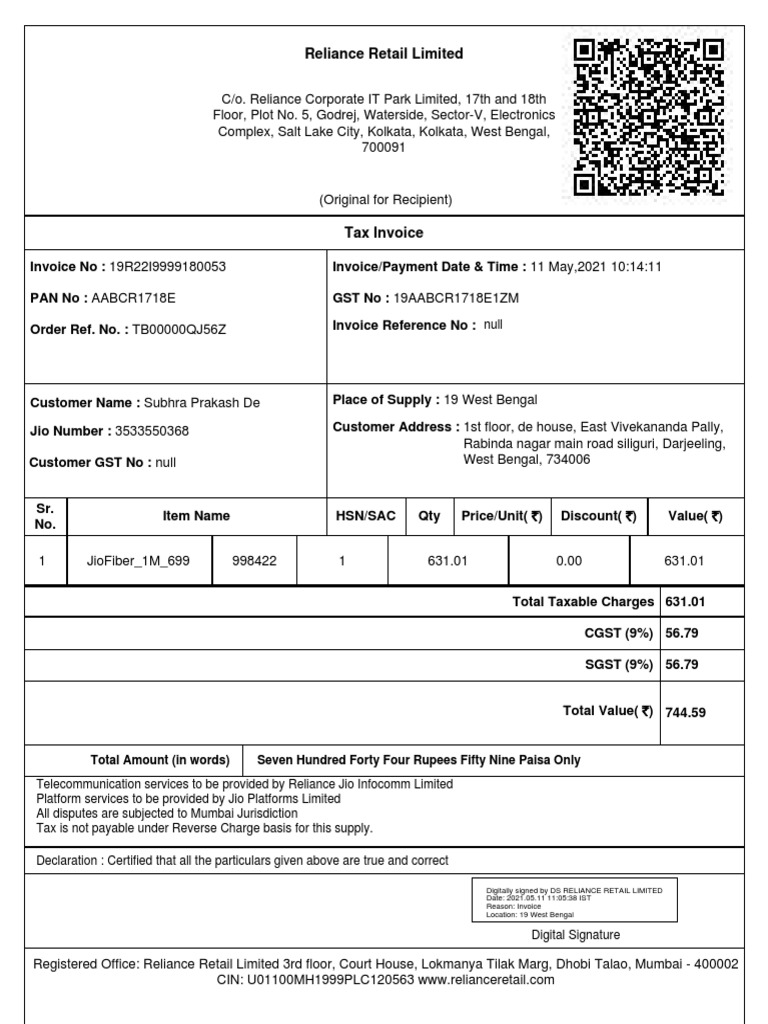 Jio Fiber Invoice and Payment Receipt | PDF | Receipt | Invoice