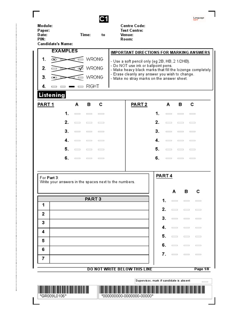 LC International ESOL - Central Exams - Answer Sheet - C1 | PDF | Writing