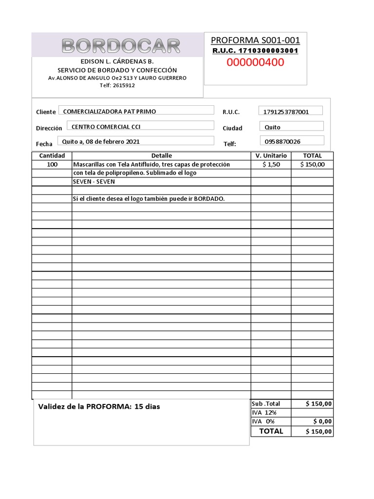 PROFORMA S001-001: Edison L. Cárdenas B. Servicio de Bordado Y Confección | PDF