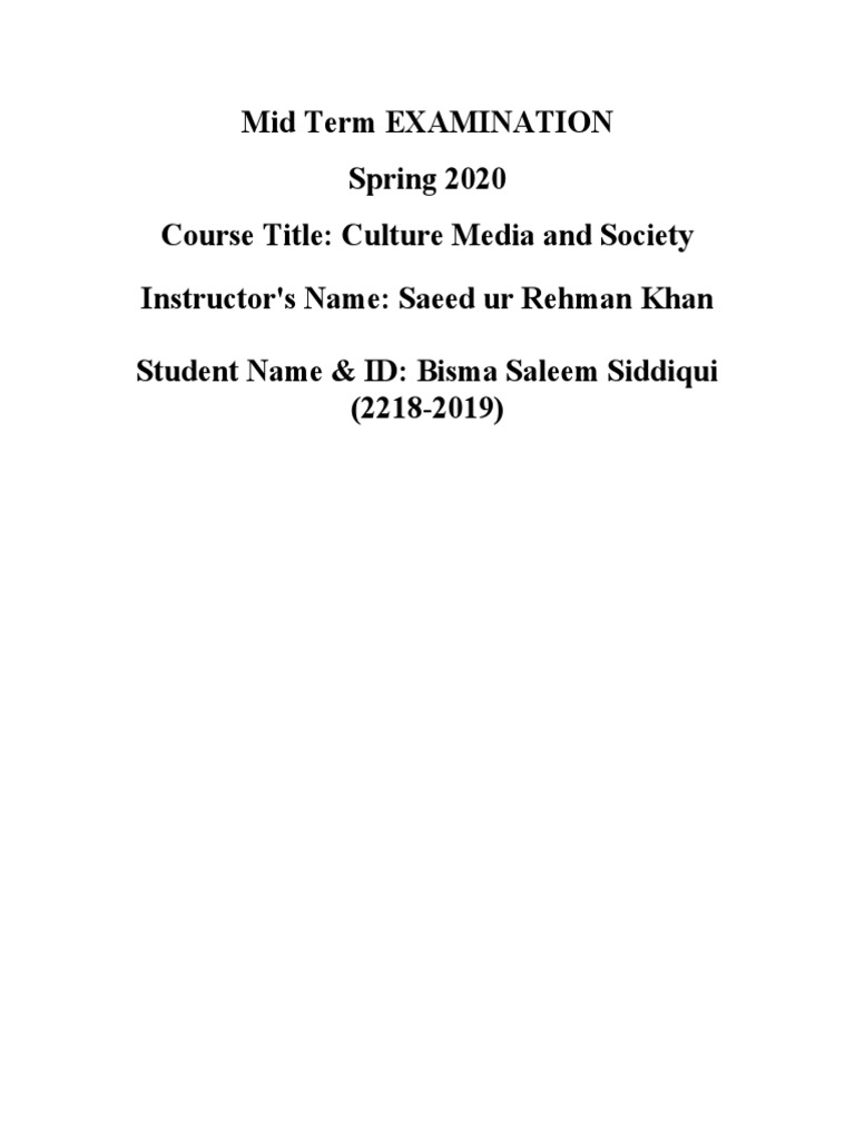 Bisma Saleem Siddiqui 2218-2019 (Culture Media and Society) | PDF ...
