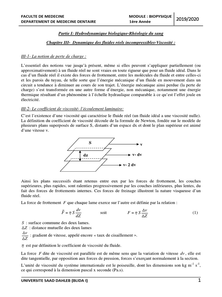 Cours 3 - Dynamique Des Fluides Réels-Rhéologie Du Sang | PDF | Vaisseau sanguin | Viscosité