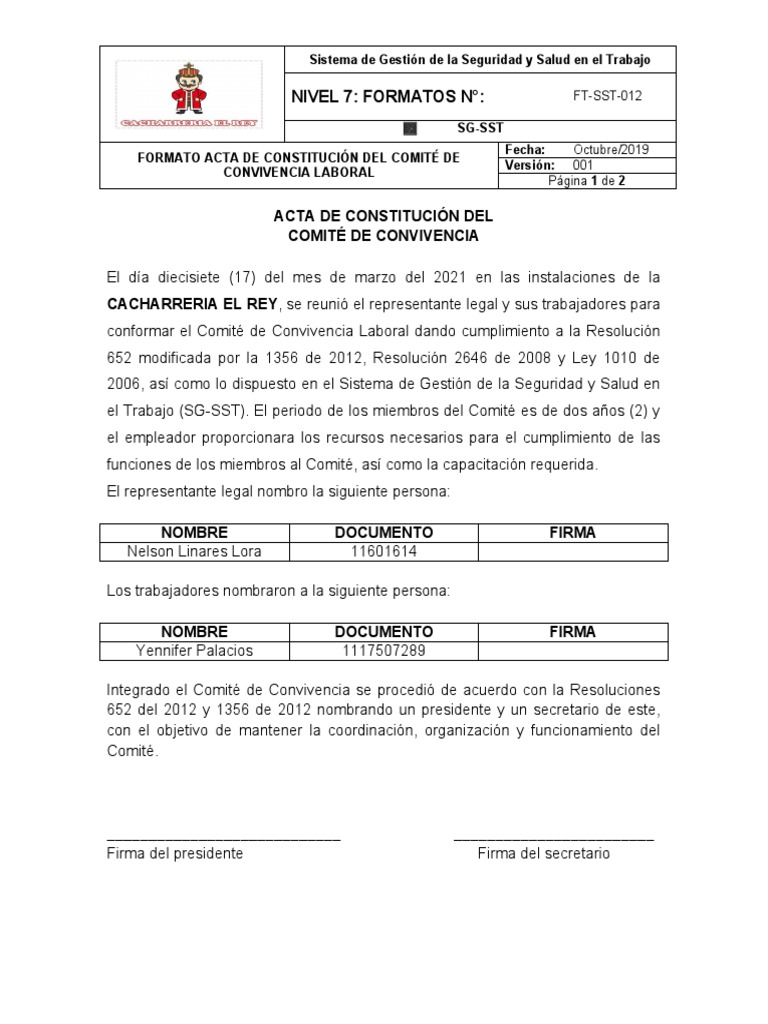 FT-SST-012 Acta de Constitución Del Comité de Convivencia Laboral | PDF | Gobierno