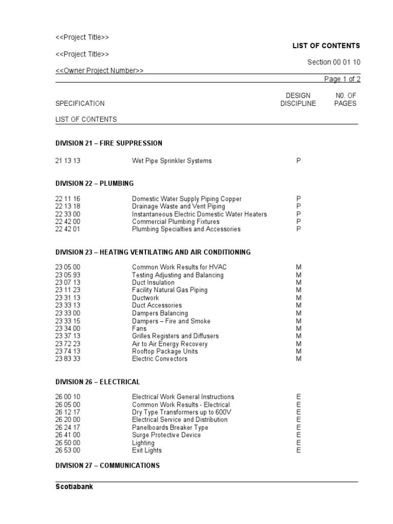 00 01 10 - MEP List of Contents | PDF | Duct (Flow) | Home Appliance
