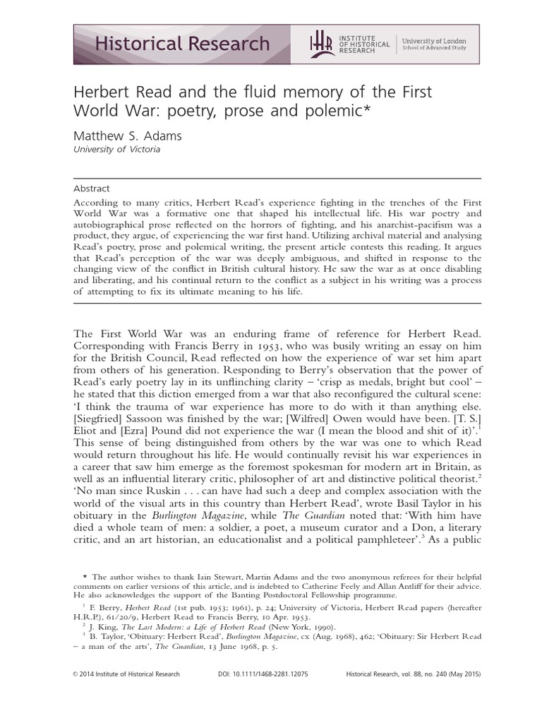 Herbert Read and The Fluid Memory of The First World War Poetry Prose ...