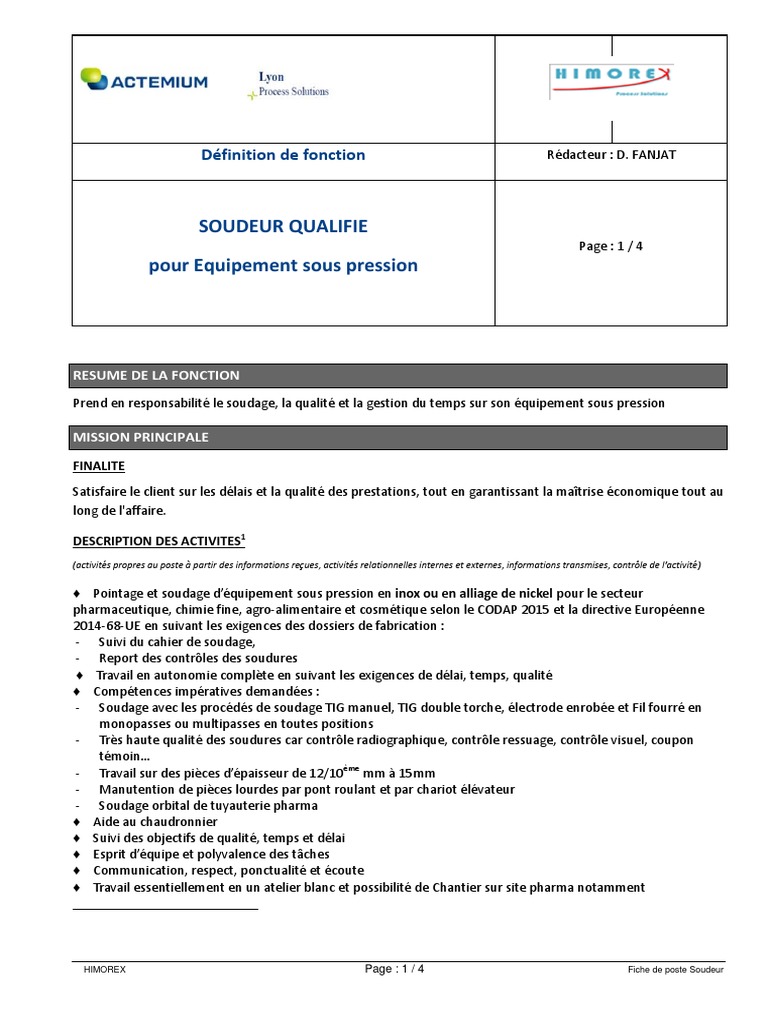 Fiche de Poste : Soudeur Qualifié | PDF | Soudage | Construction