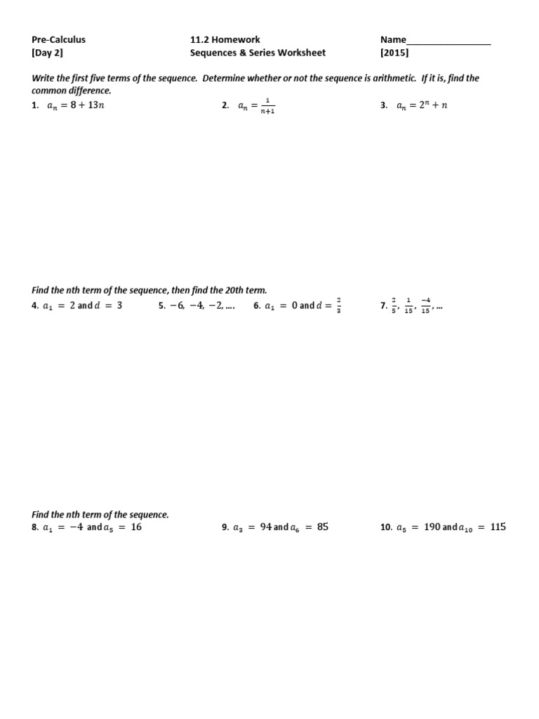 Pre-Calculus 11.2 Homework Name - (Day 2) Sequences & Series Worksheet ...