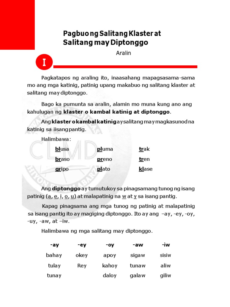 Q4 - FIL3 - WEEK 1 - Pagbuo NG Salitang Klaster at Salitang May Diptonggo | PDF