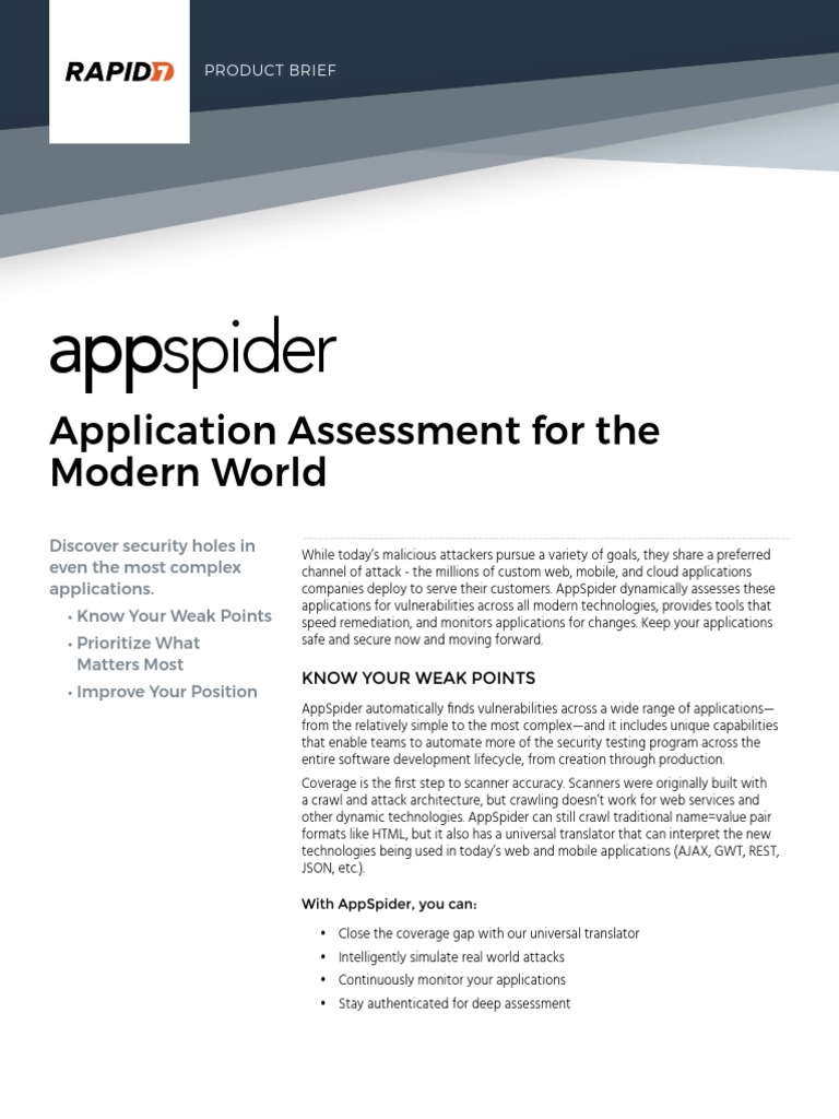 Rapid7 Appspider Product Brief | PDF | Vulnerability (Computing) | World Wide Web