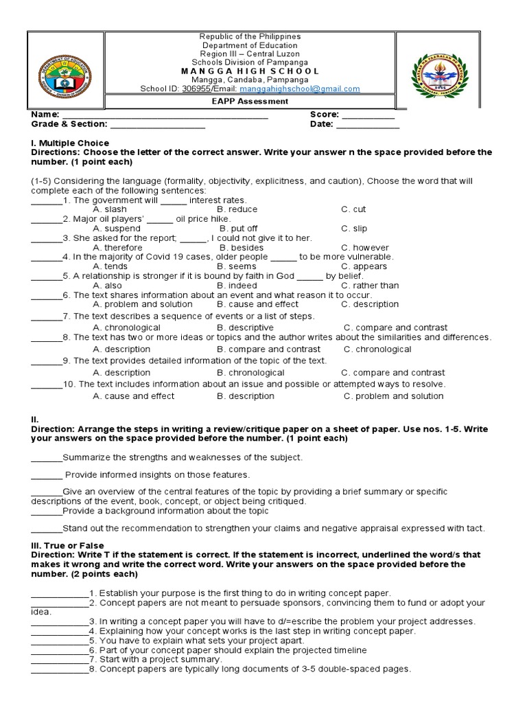 Eapp 1stquarter Assessment | PDF | Causality | Concept