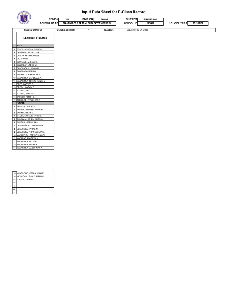 E-Class Record for Grade 1, 2019-2020 | PDF