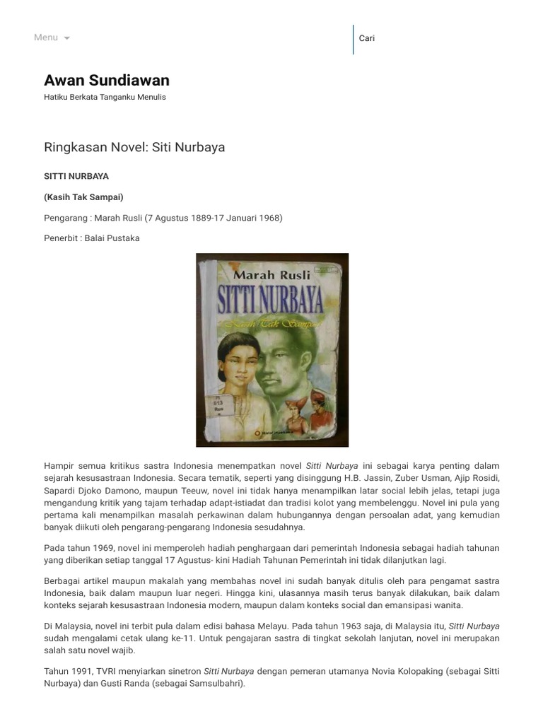 Ringkasan Novel - Siti Nurbaya - Awan Sundiawan | PDF