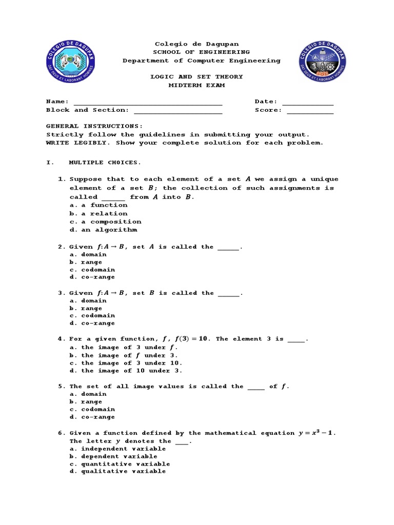 Midterm Exam in Logic and Set Theory | PDF | Function (Mathematics) | Logic
