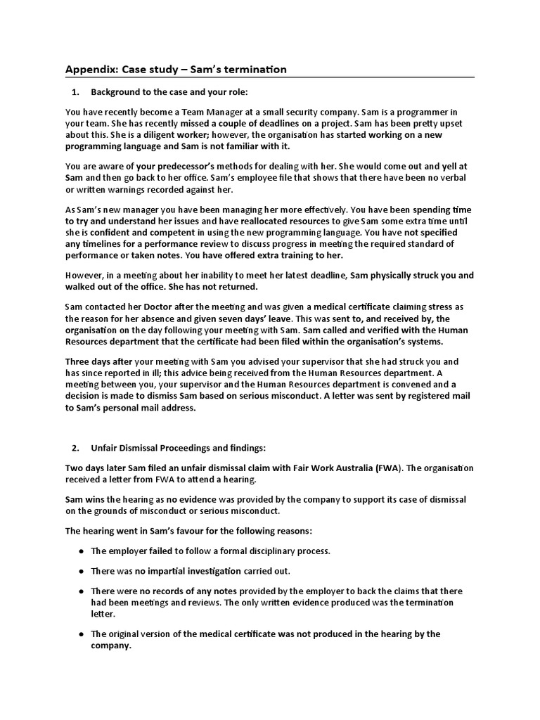Appendix - Case Study - Sam's Termination | PDF | Justice | Crime ...