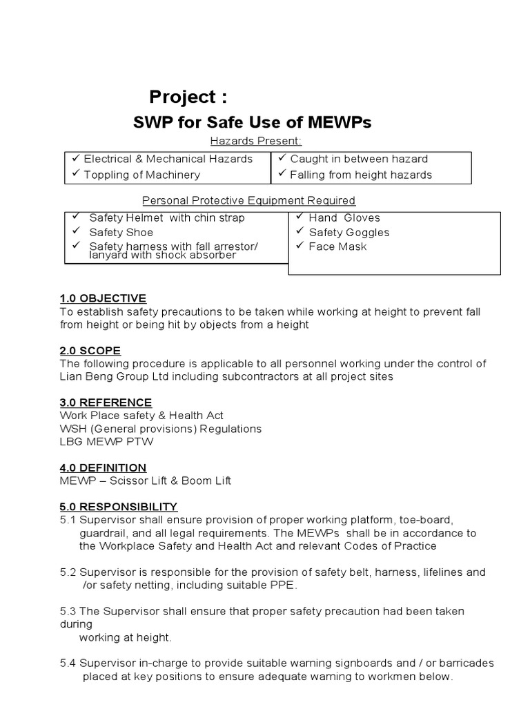 Project:: SWP For Safe Use of Mewps | PDF | Personal Protective ...