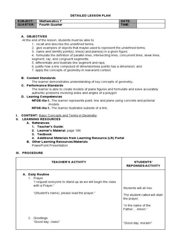 Grade 7 Geometry Lesson Plan | PDF | Line (Geometry) | Geometry