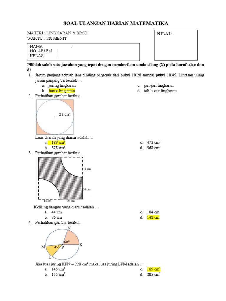 Soal Uh Math 8 lingkaran&BRSD | PDF | Metode & Bahan Ajar