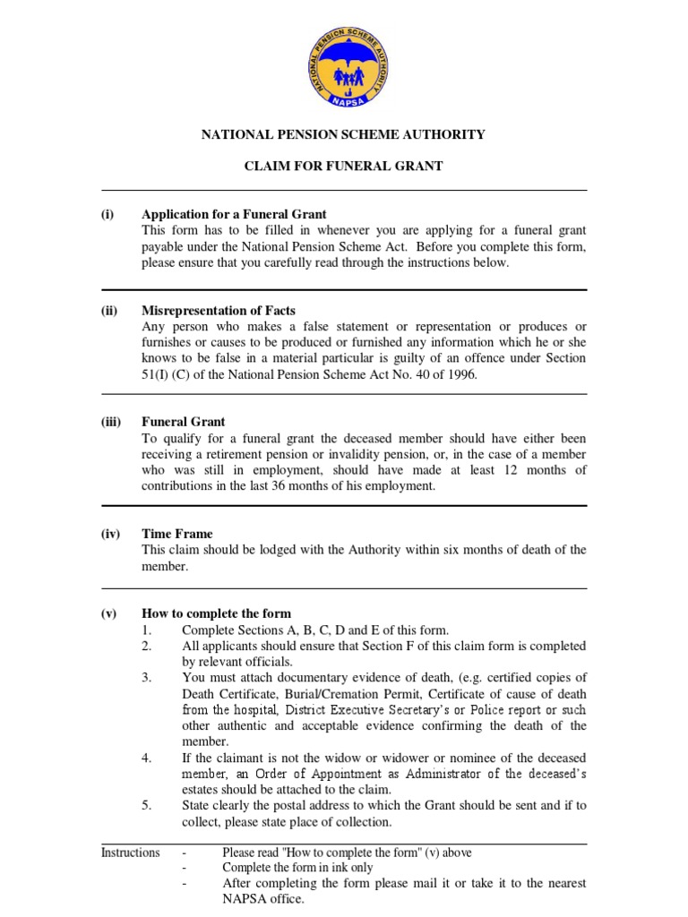 Napsa Funeral Grant Claim Form | Download Free PDF | Pension | Banks