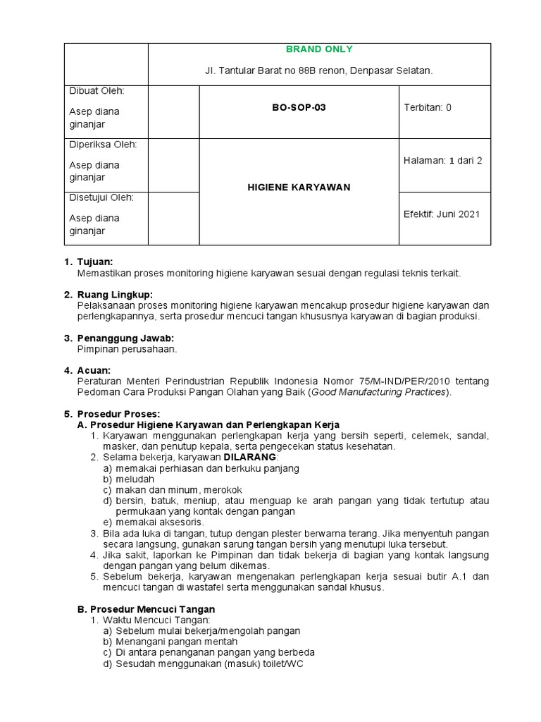 SOP-03-Higiene Dan Sanitasi Karyawan | PDF
