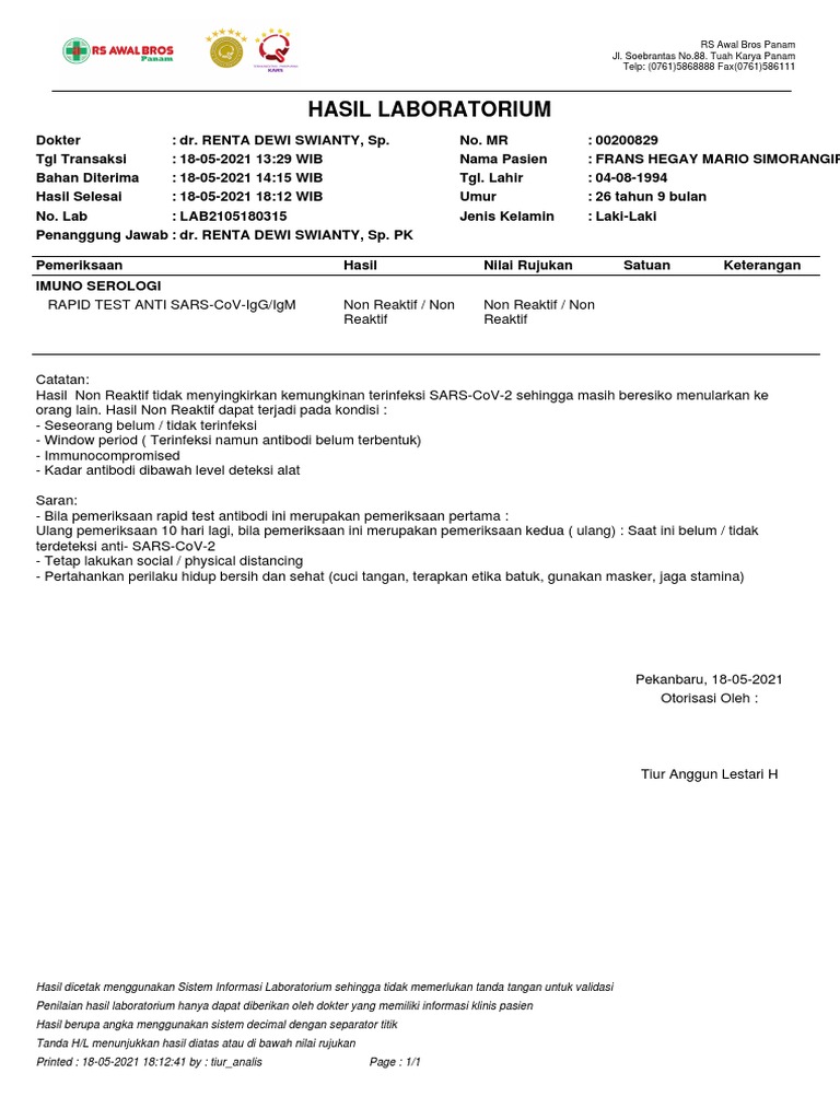 Hasil Laboratorium LAB2105180315 20210518 181241 | PDF