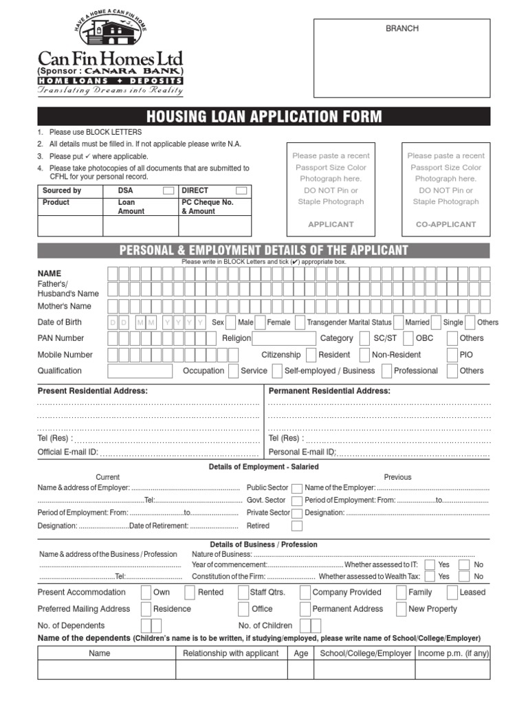 Can Fin Home Loan Application Form | PDF | Insurance | Loans