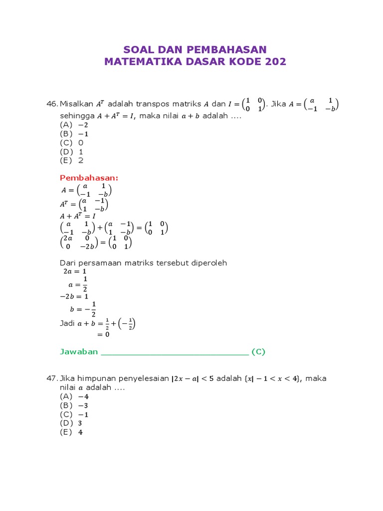 Soal Dan Pembahasan Matematika Dasar SBMPTN Kode 202 | PDF