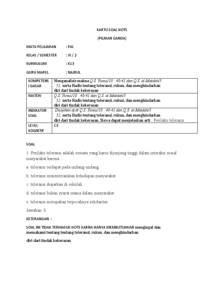 Kartu Soal Hots PG KLS Xi | PDF