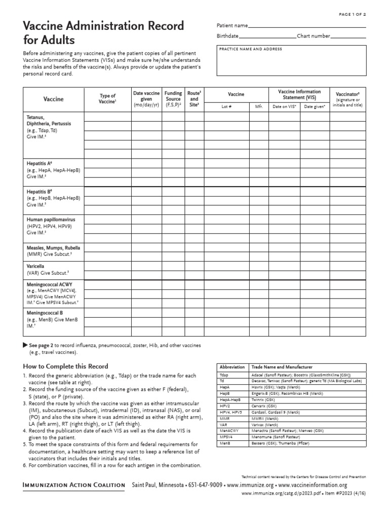 Immunization Record Form | PDF | Vaccines | Influenza Vaccine