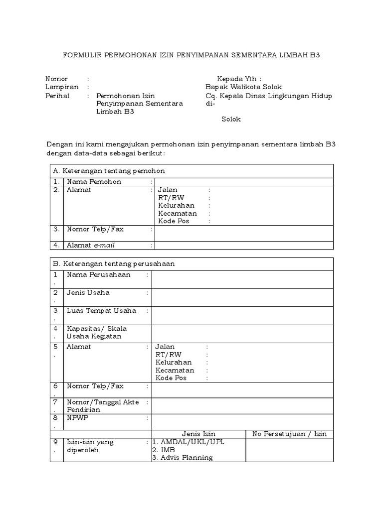 Form - Surat Permohonan Izin TPS B3 | PDF