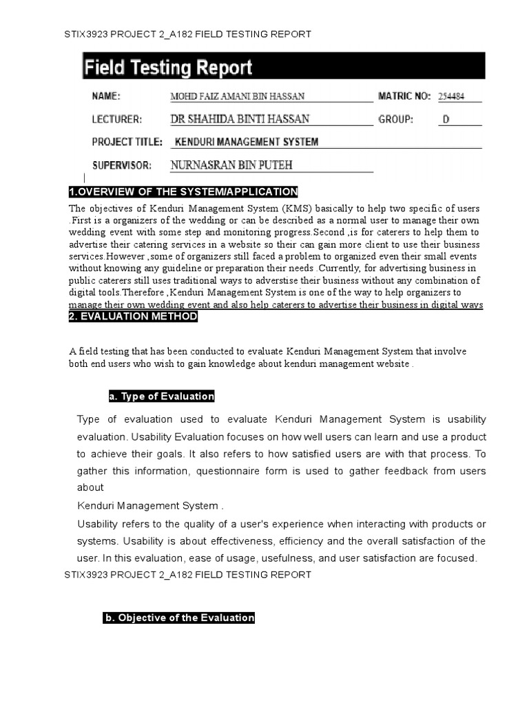 Field Testing Report (Mohd Faiz Amani Bin Hassan 254484) | PDF ...