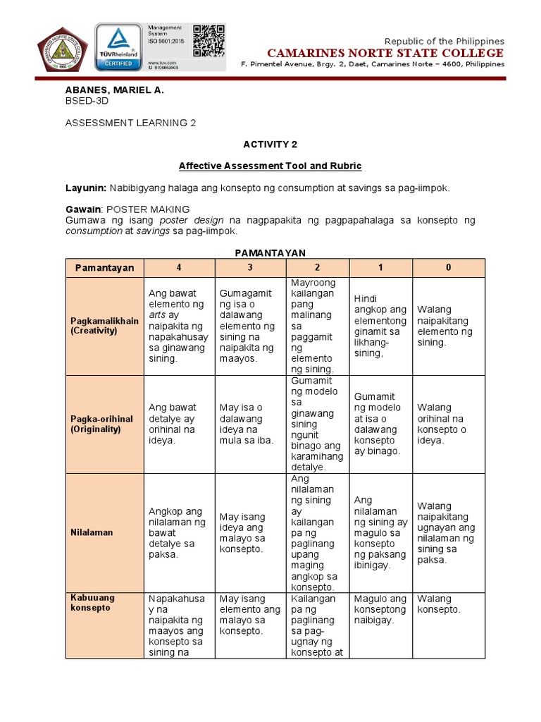 Affective Domain Rubrics | PDF
