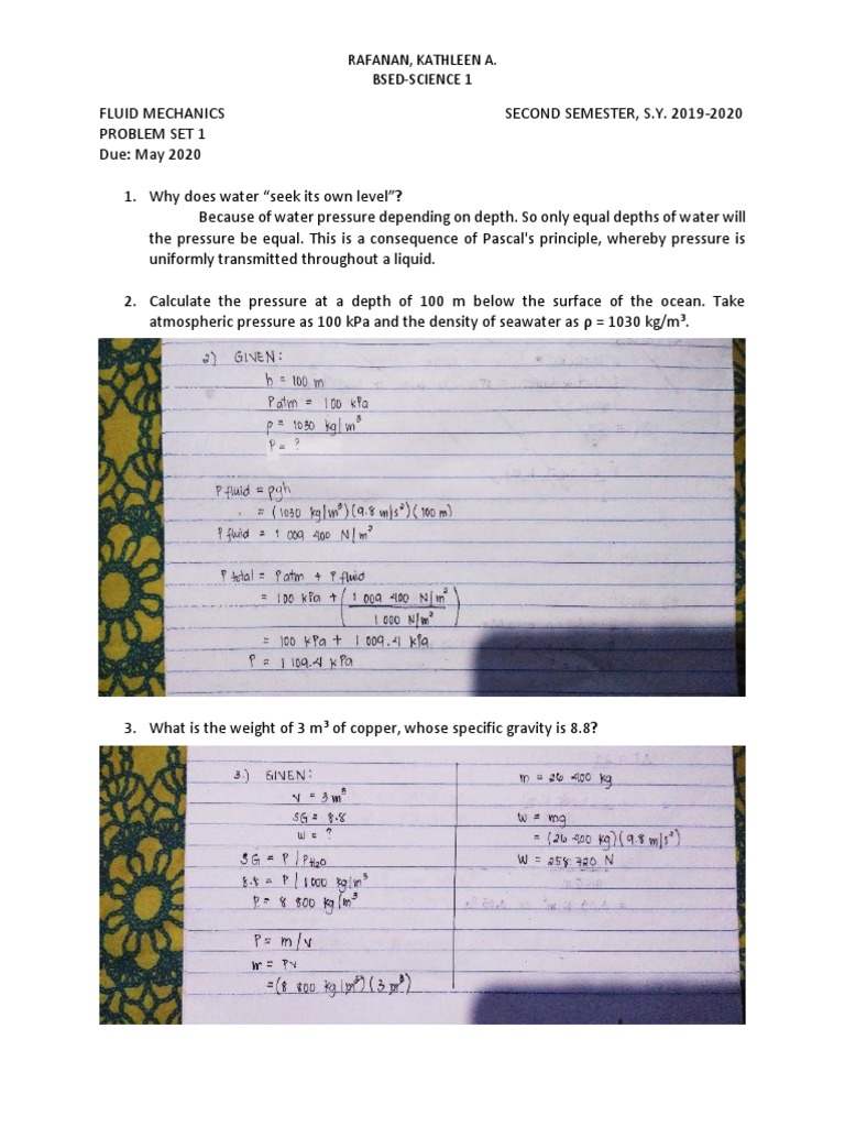 Fluid Mechanics Problem Set 1 | PDF | Social Science | Science & Mathematics