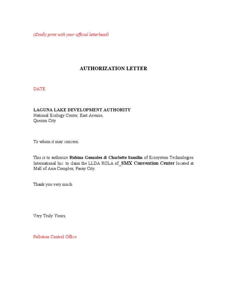 Authorization Letter For Result of Laboratory Analysis LLDA | PDF
