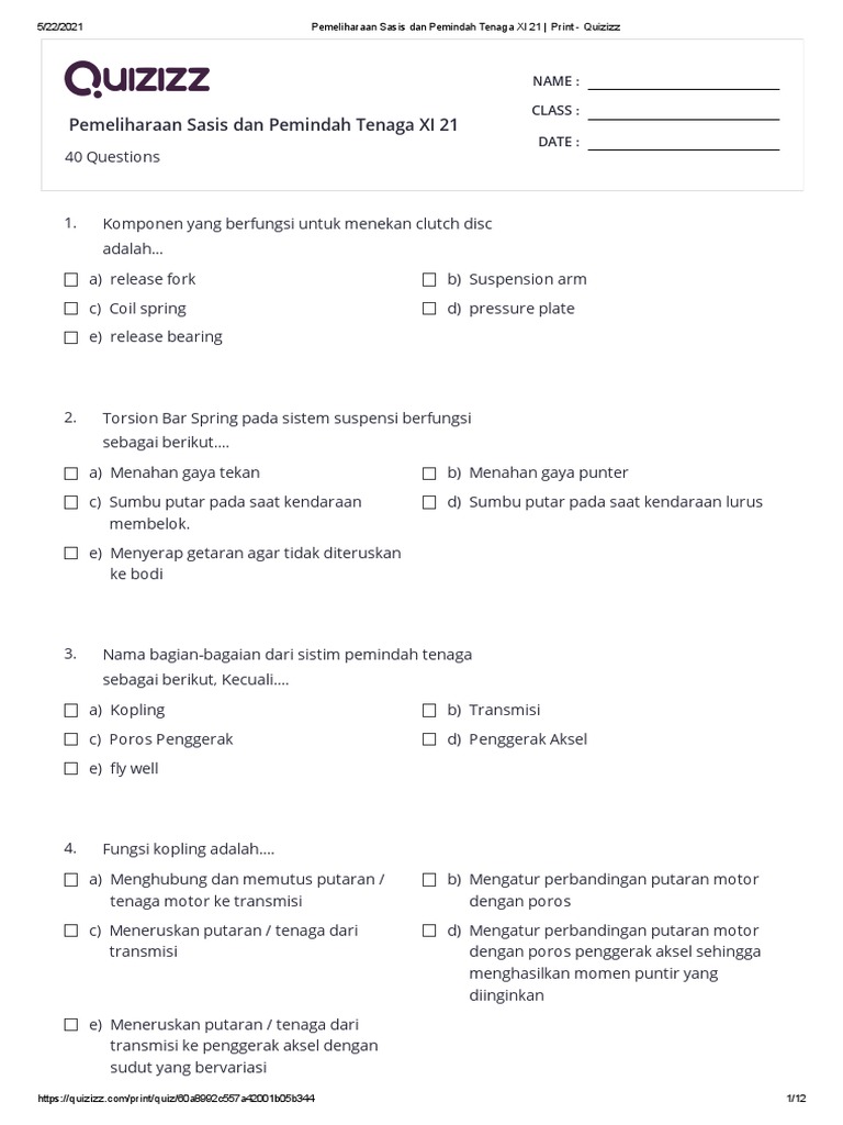 A Rifain - Pemeliharaan Sasis Dan Pemindah Tenaga XI 21 - Print - Quizizz | PDF