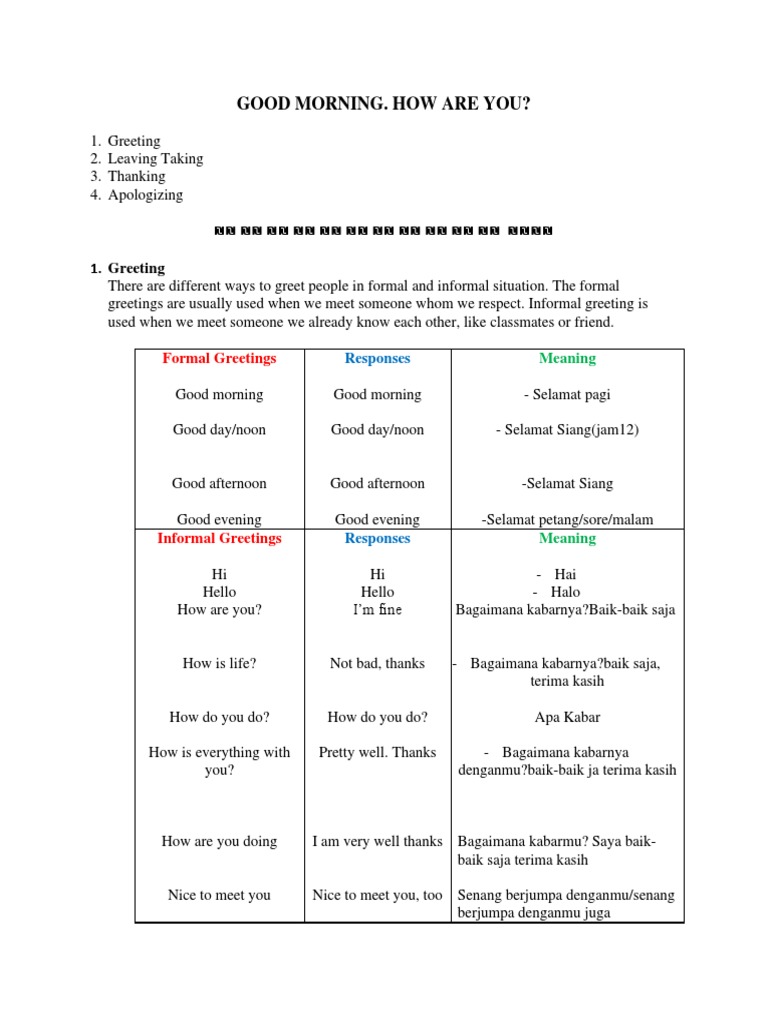 Good Morning. How Are You PDF | PDF | Language Arts & Discipline ...