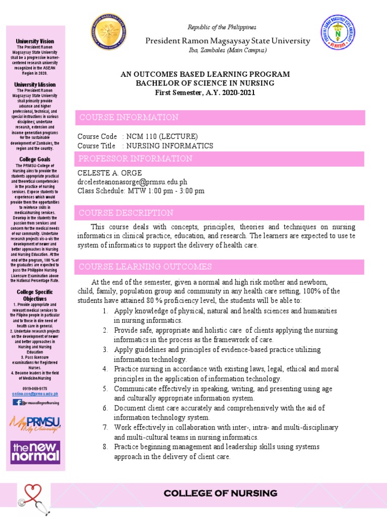 NCM 110 Course Syllabus and Module 1 | PDF | Health Informatics | Nursing