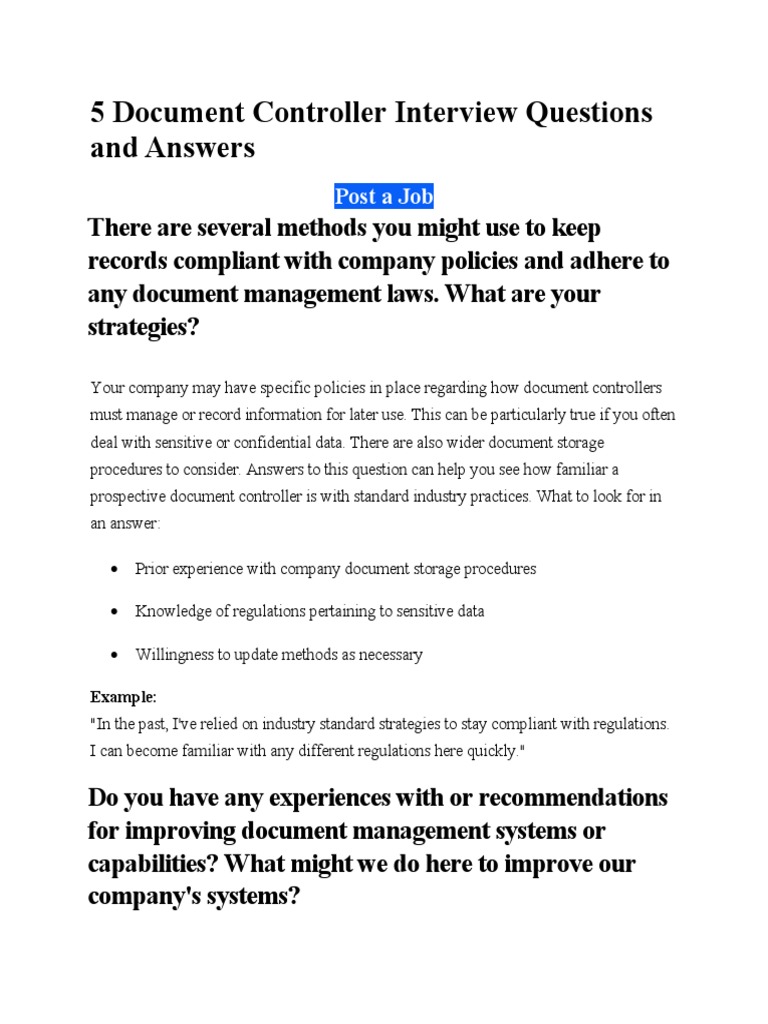 5 Document Controller Interview Questions and Answers | PDF | Document ...
