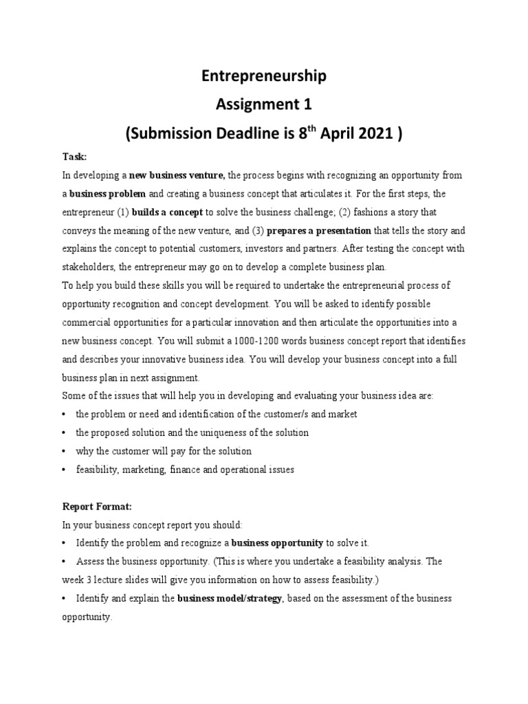 Entrepreneurship Assignment 1 (Submission Deadline Is 8 April 2021 ...