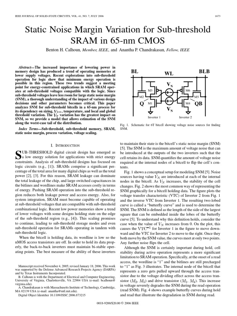 Static Noise Margin Variation For Sub-Threshold SRAM in 65-nm CMOS | PDF | Cmos | Mosfet