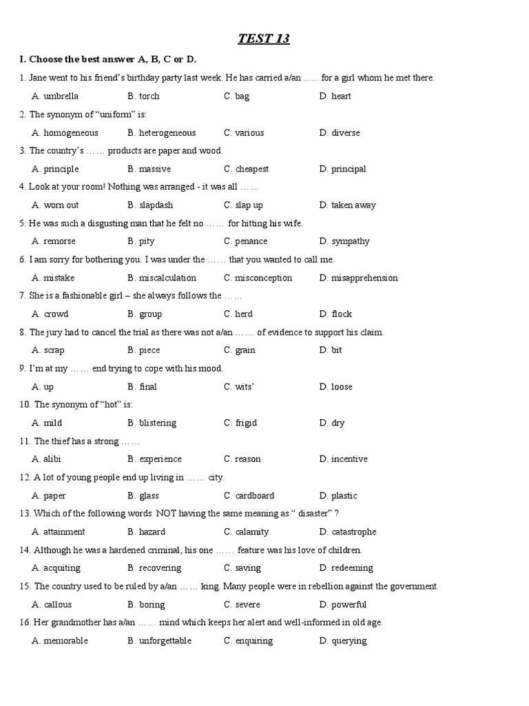 Test 1 3: I. Choose The Best Answer A, B, C or D | PDF