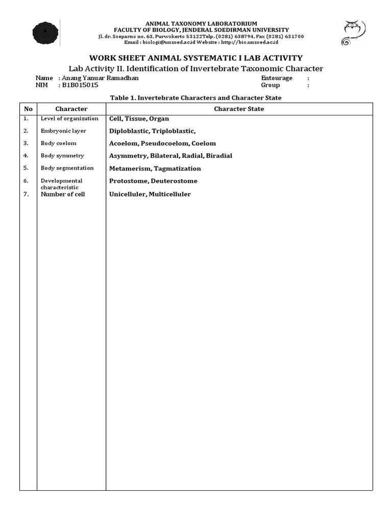 Work Sheet Animal Systematic I - Activity 2 - 20202021-1 | PDF ...