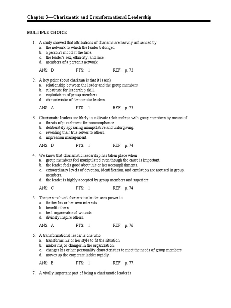 PRACTICE QUIZ TWO Charismatic Etc (CHP 3) | PDF | Transformational ...