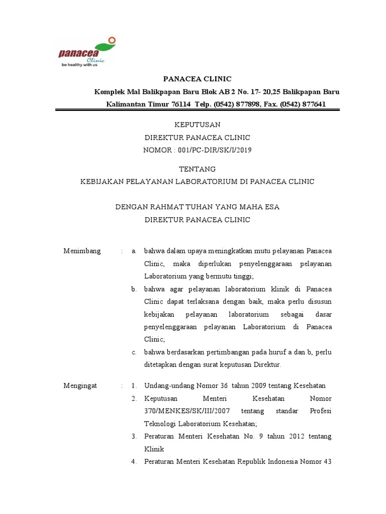 PRINT 3.A.1.1 (FIX 3.1.2.1) SK Dan KEBIJAKAN PELAYANAN LABORATORIUM | PDF | Sains & Matematika