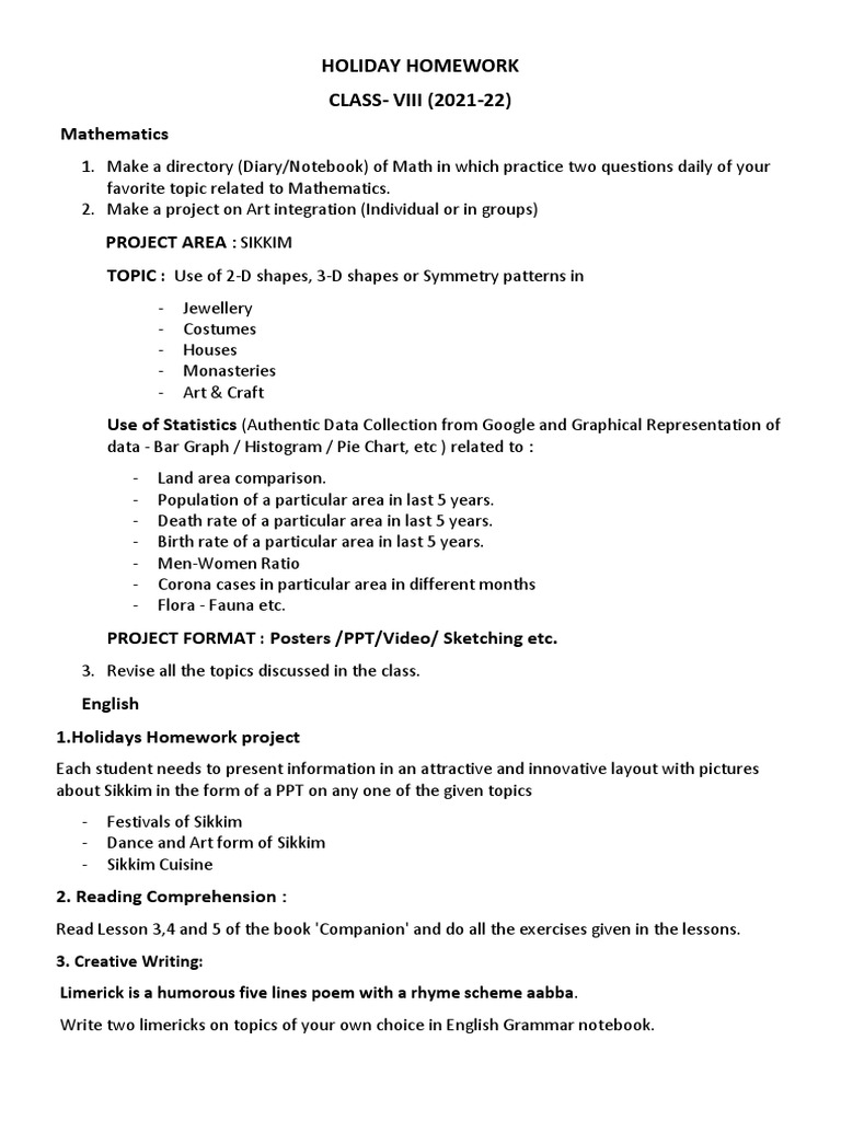 Mathematics: Holiday Homework CLASS-VIII (2021-22) | PDF
