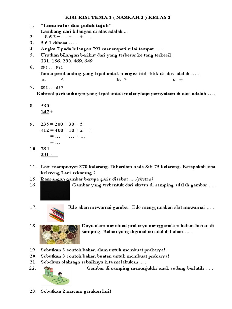 Kisi2 Pts 1 Kelas 2 Tema 1 (MTK, SBDP, Pjok) | PDF
