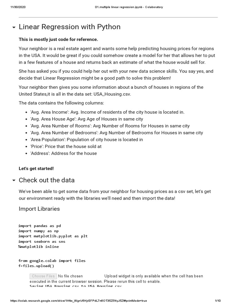 01.multiple Linear Regression - Ipynb - Colaboratory | PDF | Mean Squared Error | Errors And ...