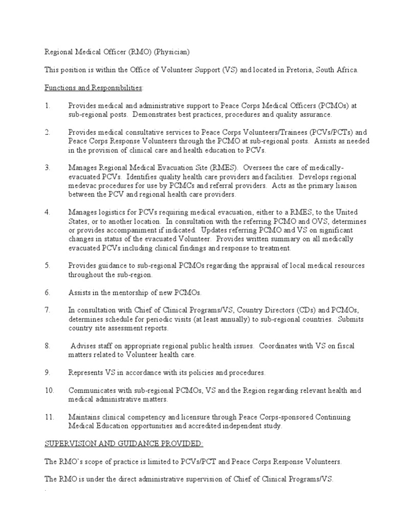 Peace Corps Regional Medical Officer Statement of Work | PDF | Peace ...